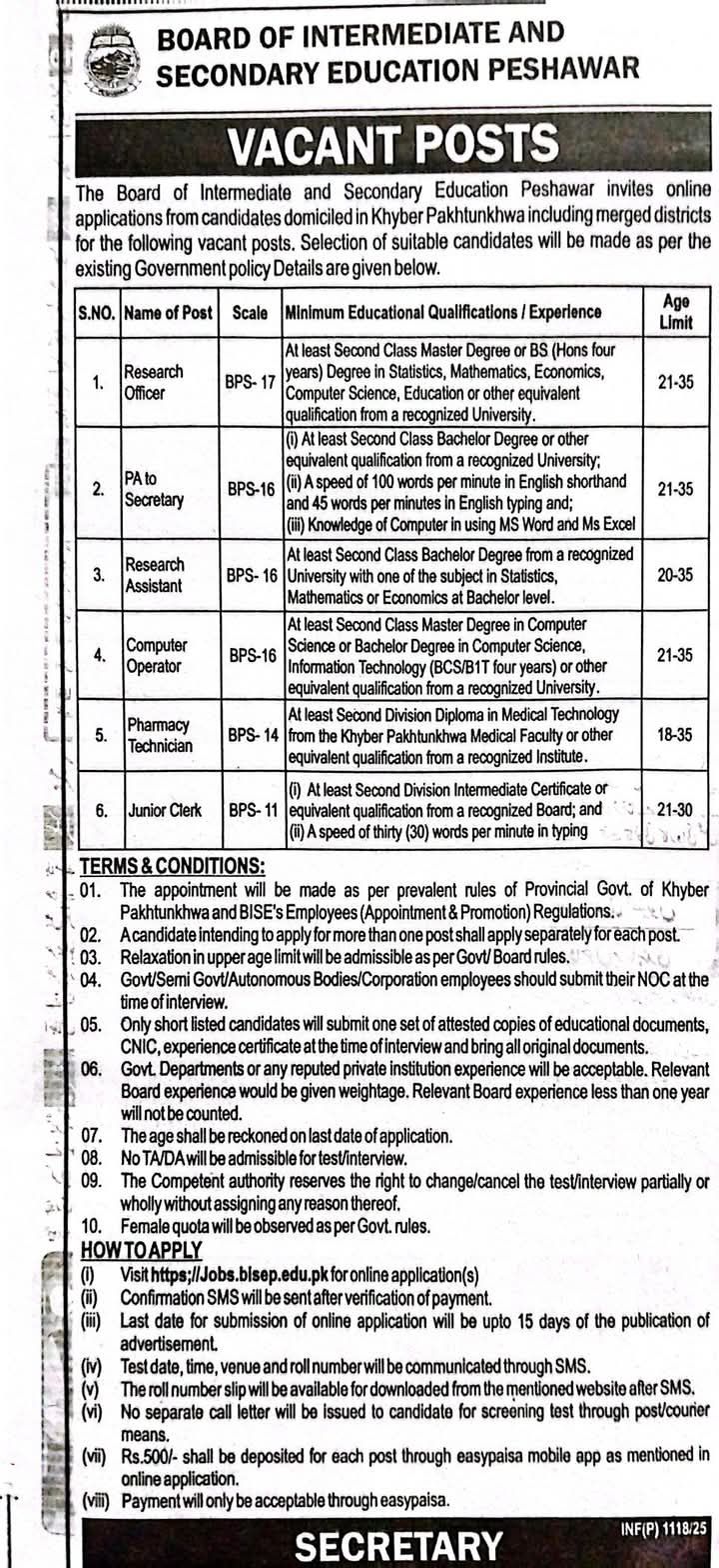 BISE Peshawar Jobs 2025 Online Apply For Computer Operators, Junior ...