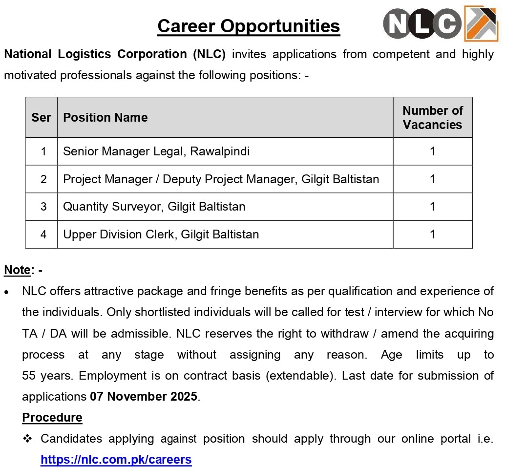 National Logistics Cell NLC Jobs 2025 Online Apply - nlc.com.pk