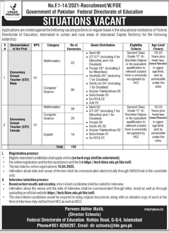 FBISE Jobs 2025 Online Apply - Elementary School Teachers (Male & Female)